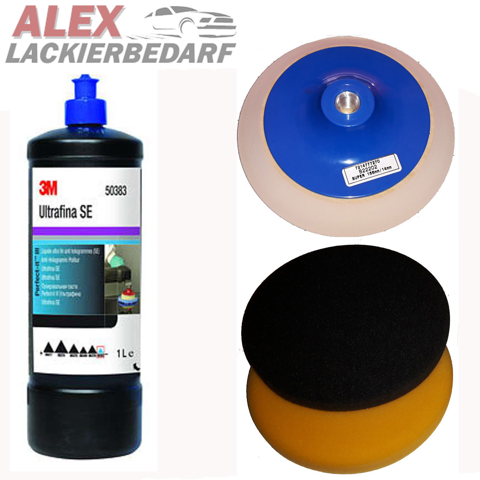 3M 50383 Politur BLAU 1L + Polierteller Klett 156mm M14+ 2x ...