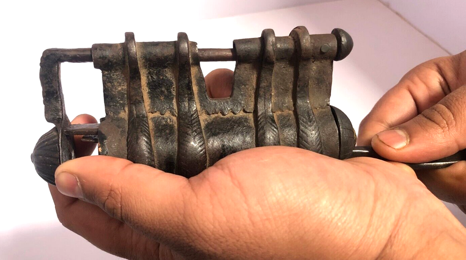 LOCK- OLD VINTAGE PRIMITIVE IRON MOST UNIQUE TRICKY PADLOCK WITH KEY ...