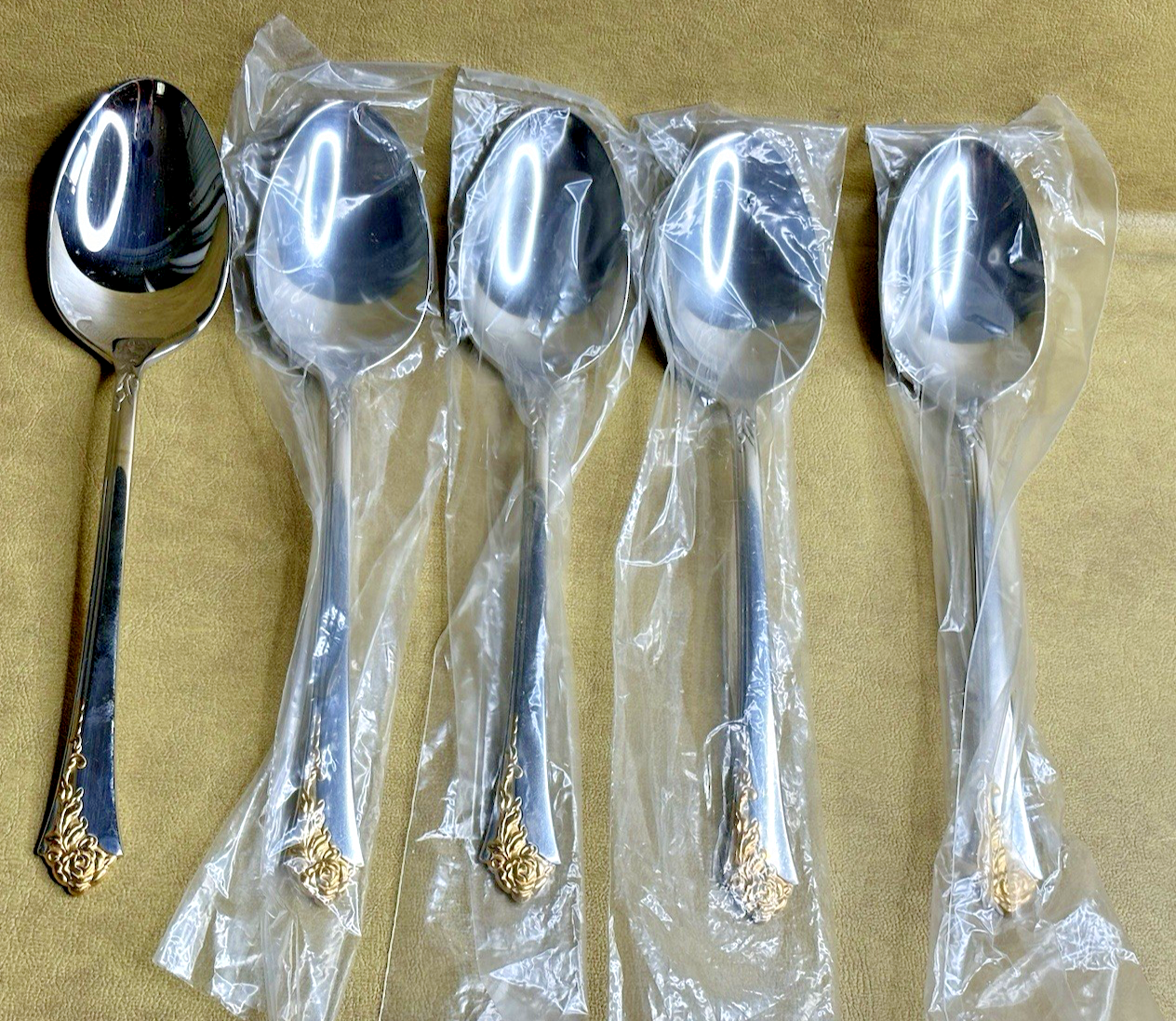 Oneida Golden Damask Rose Cube Set of 5 Table Soup Spoons Stainless ...