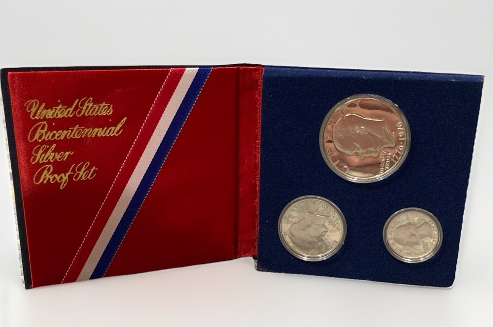 1776–1976 Bicentennial Silver Proof Set 3-Coin U.S. Mint Box Eisenhower ...