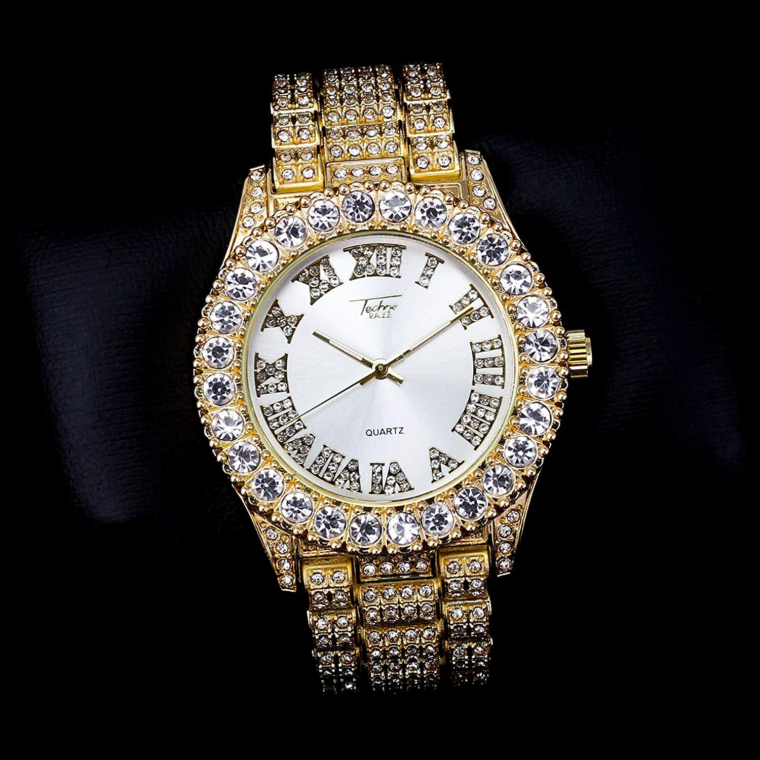 Men Fully Iced Watch Bling Rapper Lab Simulate Diamond Gold Band Luxury ...
