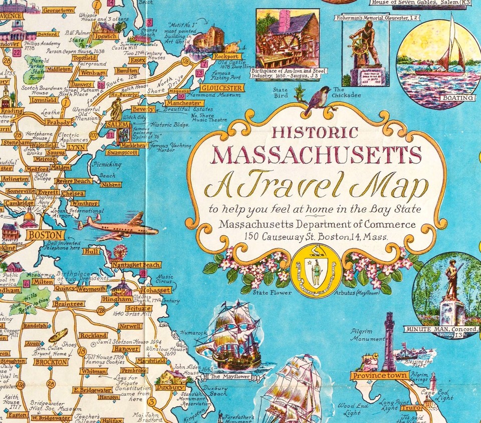 Vintage 1964 Massachusetts Pictorial Map – Illustrated Travel & History ...