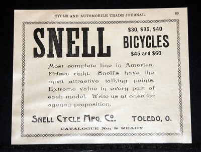 1900 OLD MAGAZINE PRINT AD, SNELL CYCLE MFG CO, BICYCLES, A MOST ...