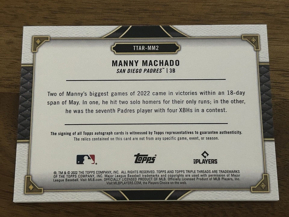 2022 Triple Threads Manny Machado Patch Auto 02/18 Orange SSP MANNY MAY ...