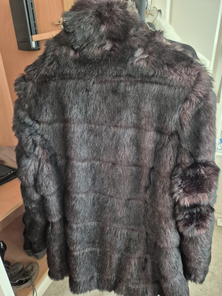 Beautiful, pre-loved, M&S Per Una, faux fur black coat size L, 16-18 ...