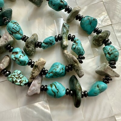 EUC TURQUOISE & HOWLITE CHUNK NECKLACE CORAL & HEMATITE ACCENTS "LIVE ...