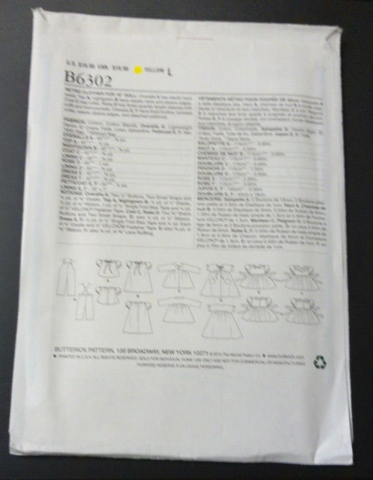 Butterick Pattern B6302 ~ 18" Doll Clothes ~ Retro 1955 ~ Retro ...