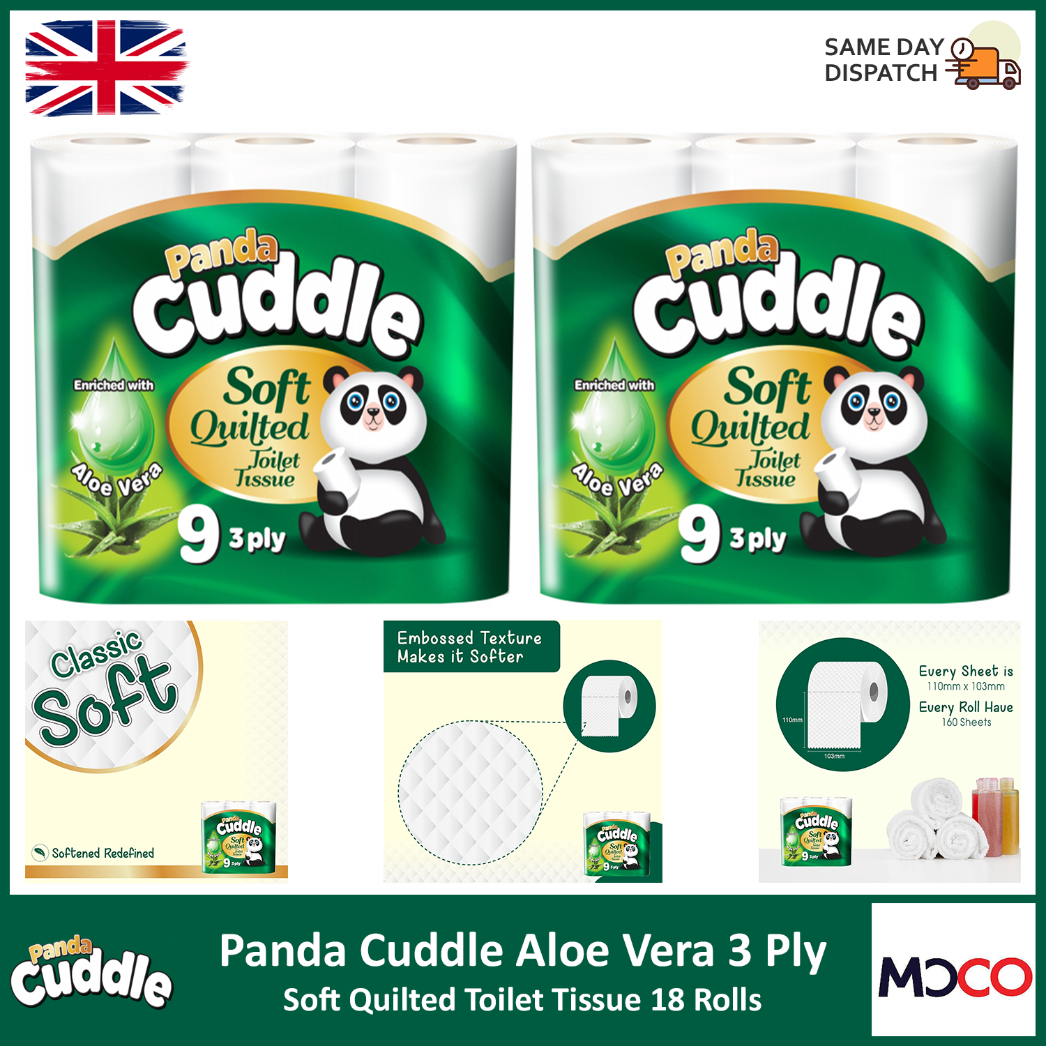 Panda Cuddle White Toilet Tissue Paper Rolls 3 Ply Quilted Aloe Vera ...