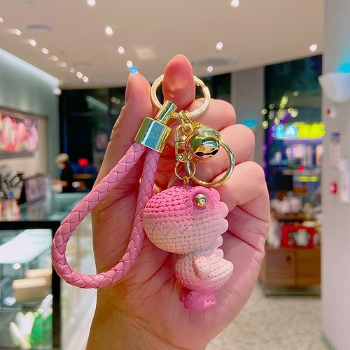 Cute Kids pink dinosaur stitched 3D PVC bag charm pendant keychains key ...