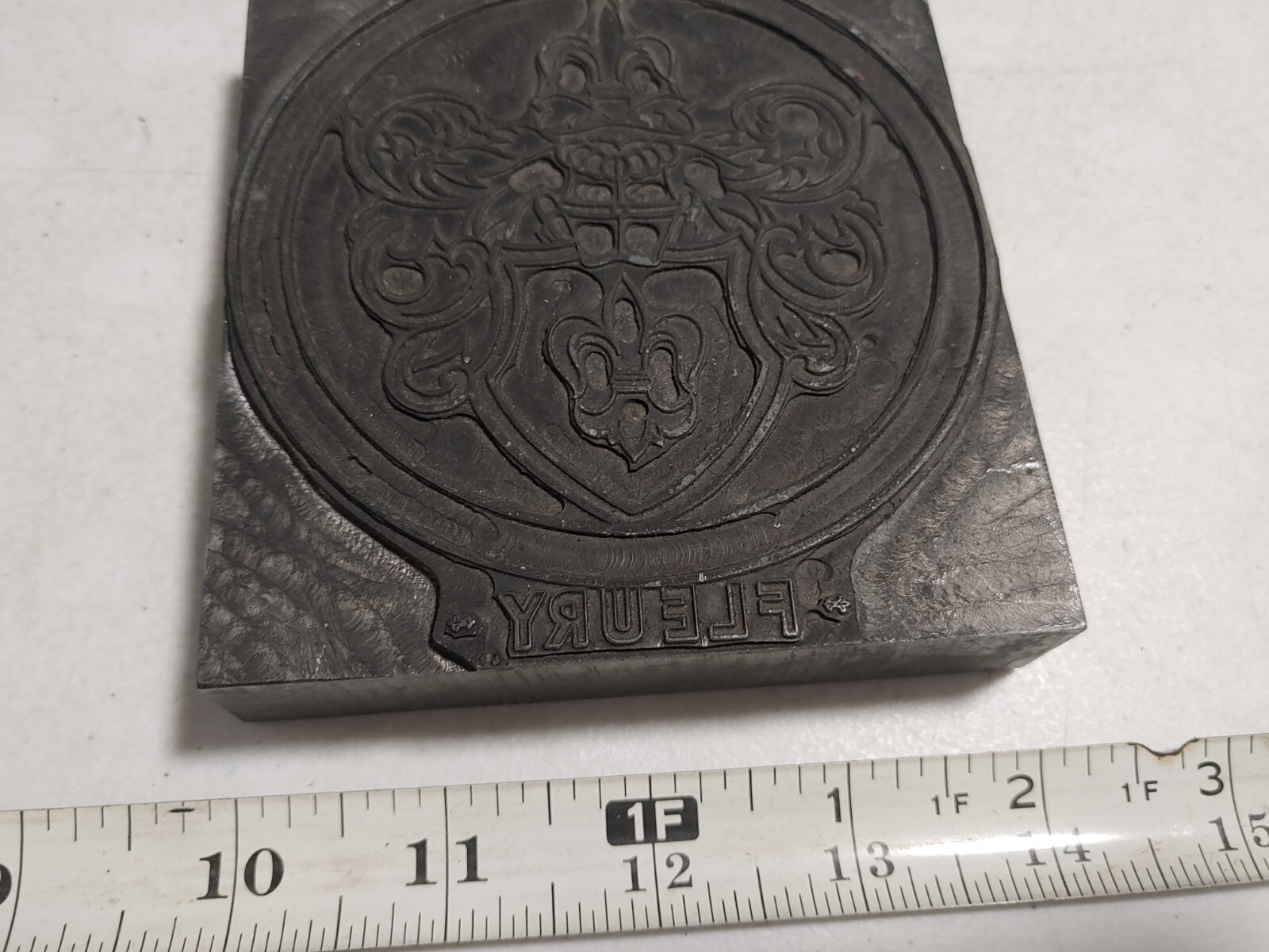 Vtg Letterpress Printing Block FLEURY Family Crest SOLID METAL ...
