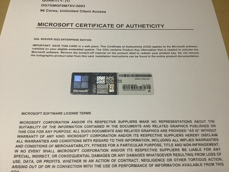 Microsoft SQL Server 2022 Enterprise 96 Core unlimited CALs CoA ...