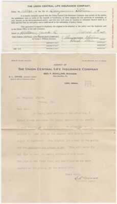 1919 Union Central Life Insurance Co. York Pennsylvania Letter ...