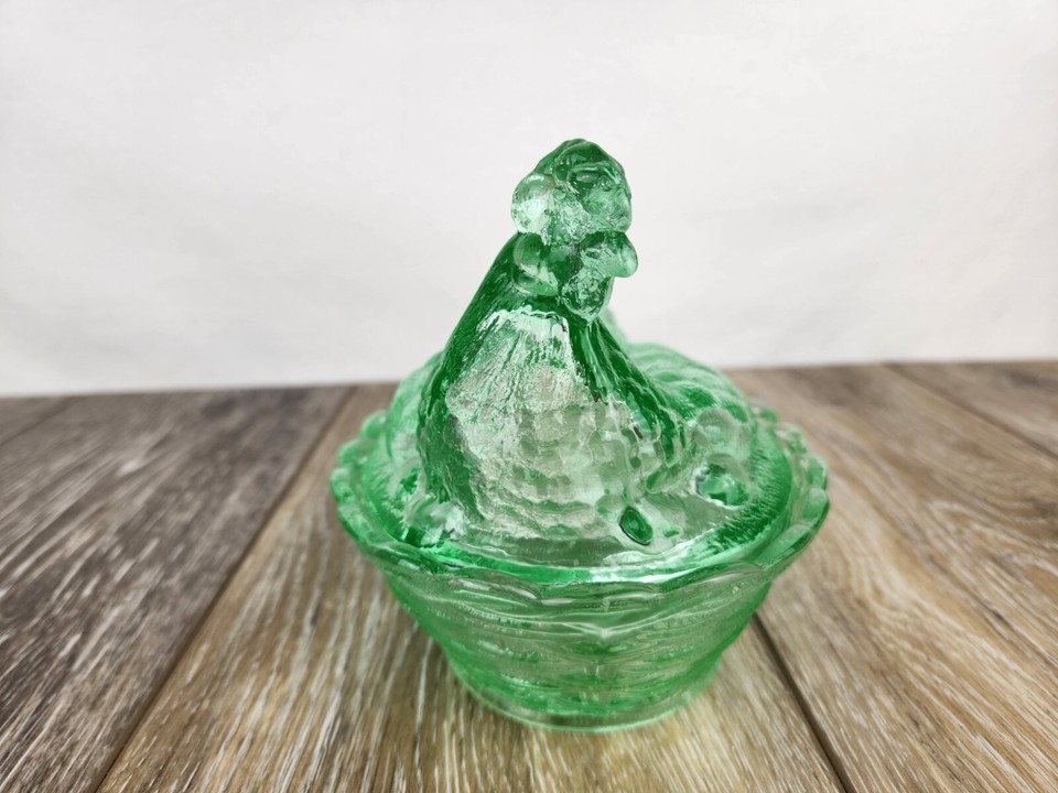 Apple Green Glass Hen on Woven Nest - Chicken Candy Dish or Trinket ...