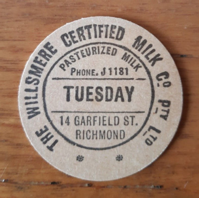 Old Cardboard Milk Bottle Wad / Lid / Cap. The Willsmere Certified Milk ...