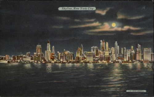 New York City NY Skyline Manhattan night full moon ~ postcard sku259 | eBay