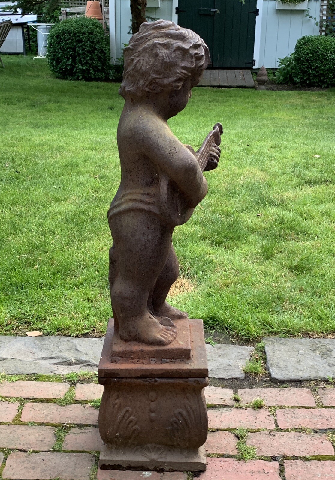 RARE ANTIQUE 100lb CAST IRON BOY PLAYING MANDOLIN LAWN GARDEN STATUE ...
