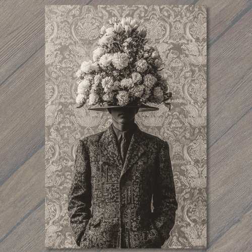 Art Print Surreal Man Suit Flower Hat Black White Pattern Retro Fashion ...
