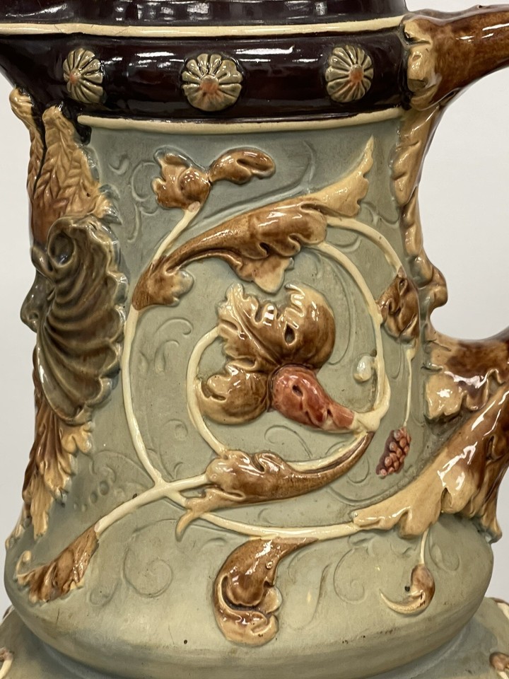 ANTIQUE WILHELM SCHILLER MAJOLICA VASE GOTHIC NEPTUNE POSEIDON HANDLED ...