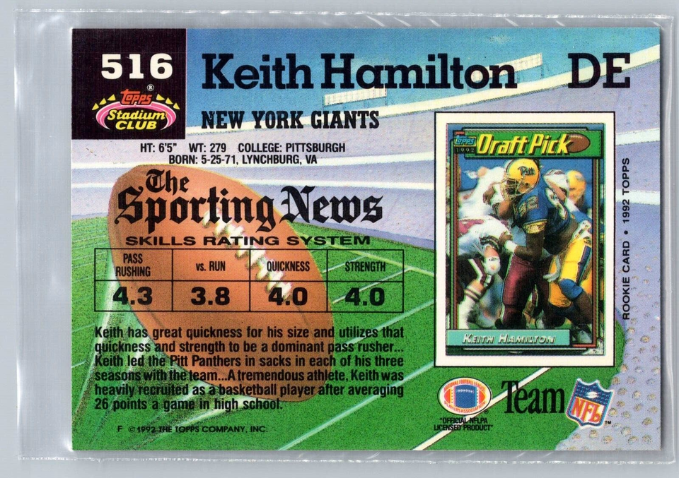1992 TOPPS STADIUM CLUB CARD # 516 Keith Hamiltn - New York Giants | eBay