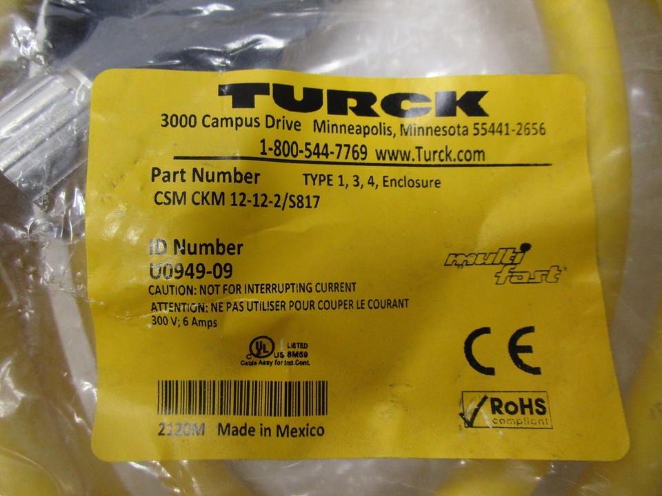 TURCK CSM CKM 12-12-2/S817 U0949-09 Male/Female Straight 12 Pole 2m ...