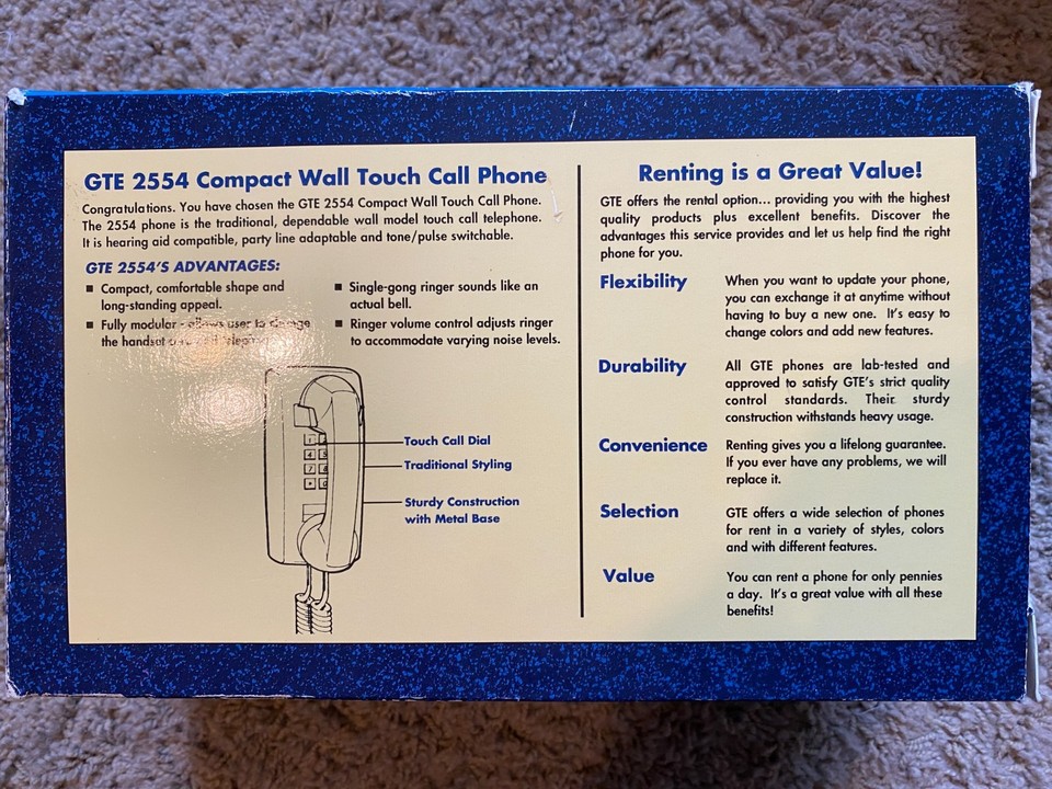 Vintage GTE 2554 Touch Button Wall Phone: Brand New/Unused in Original ...
