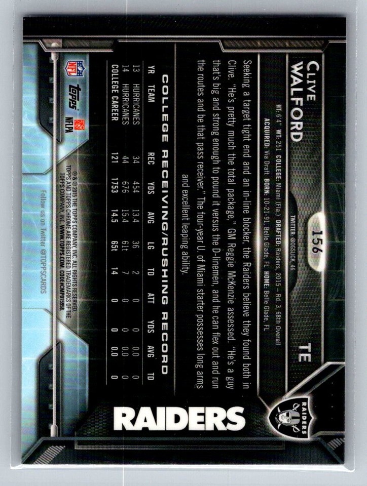 2015 Topps Chrome #156 Clive Walford Purple Refractor RC RAIDERS (A) | eBay