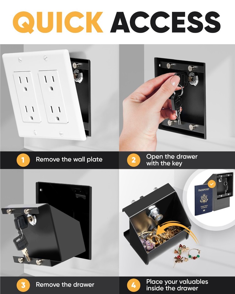 Hidden Wall Safe Outlet With Key Lock Electric Socket Covert Single Or ...