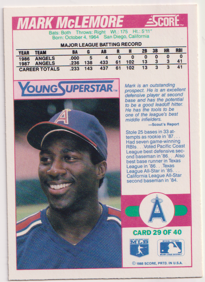1988 Score Young Superstar #29 Mark McLemore California Angels | eBay