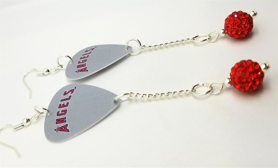 MLB California Angels Guitar Pick Earrings with Red Pave Bead Dangles ...