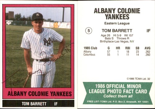 Tom Barrett Signed 1986 TCMA Albany-Colonie Yankees #5 RC | eBay