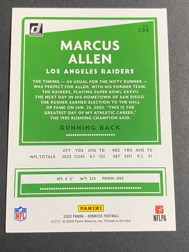 Marcus Allen 2020 Panini Donruss #204 Los Angeles Raiders HOF NEAR MINT ...