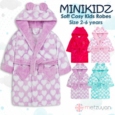 Kids Girls Toddler Infant Dressing Gown Hooded Hearts Age 2-3 3-4 4-5 5 ...