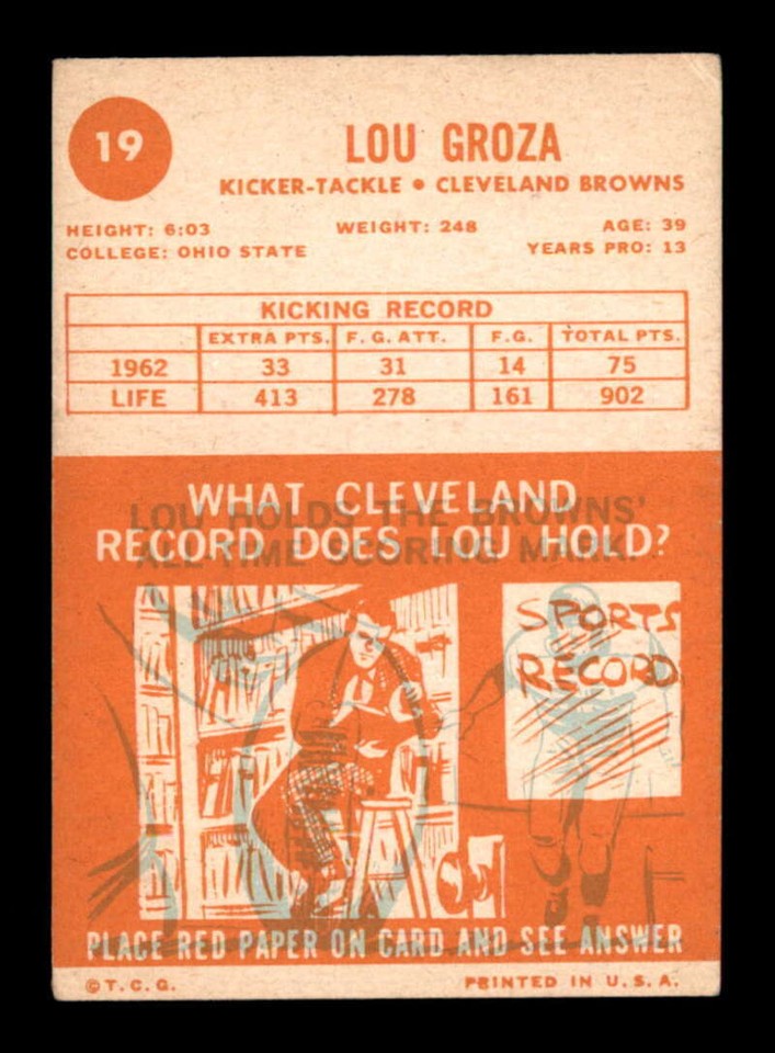 1963 Topps #19 Lou Groza SP VGEX X2959627 | eBay