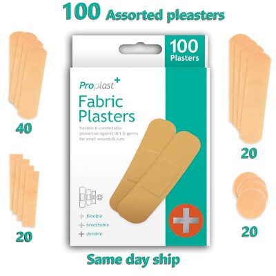 100 Assorted Fabric Plasters Breathable Flexible Adhesive FirstAid ...