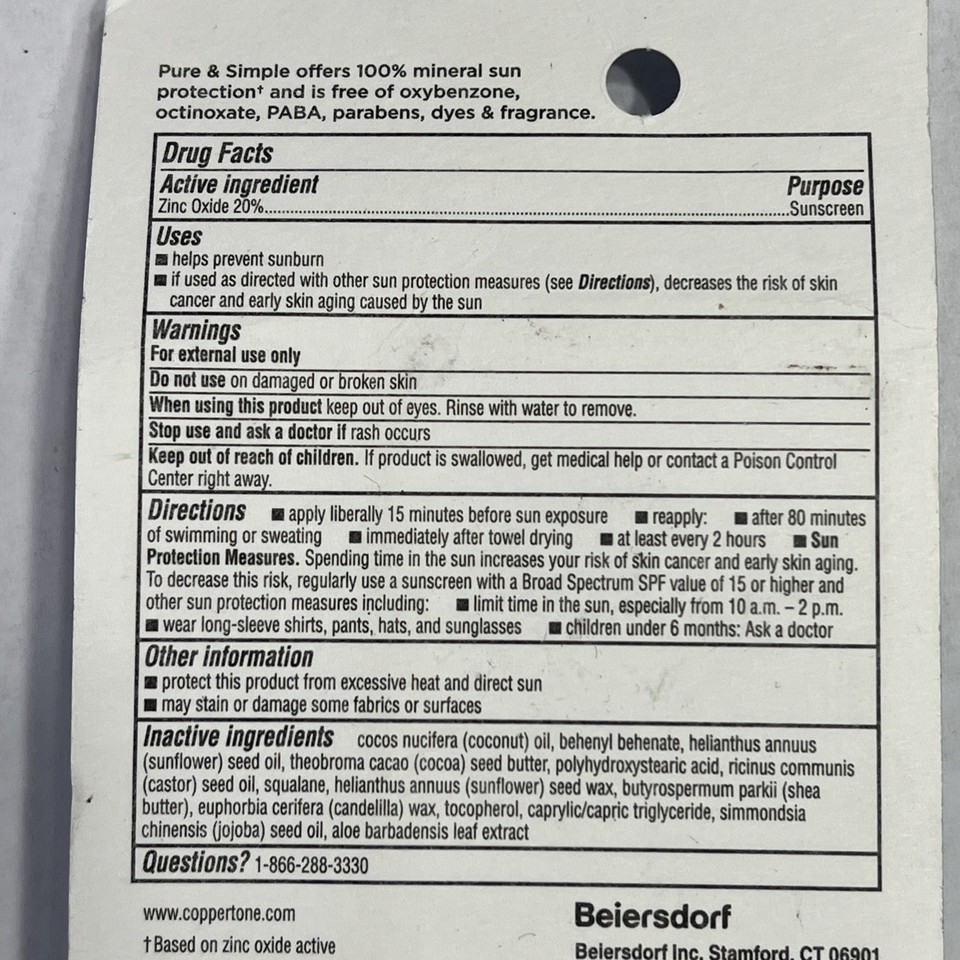 Coppertone PURE & SIMPLE 50 Mineral Sun Protection 2PK x 0.49oz Exp 3/ ...