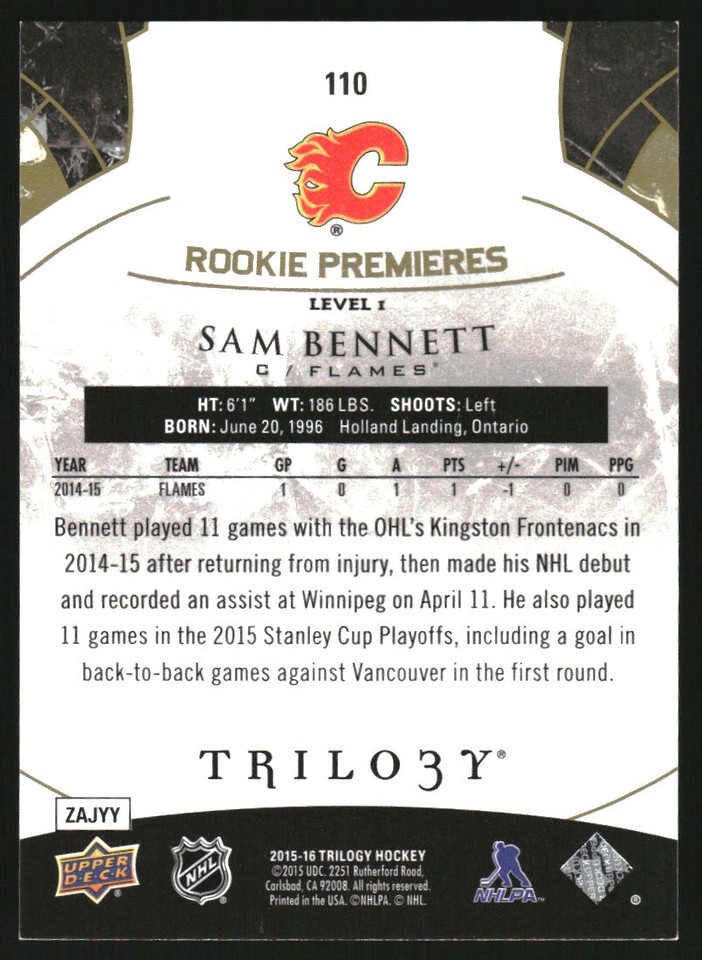 2015-16 Upper Deck Trilogy #110 Sam Bennett Rookie Card /999 | eBay