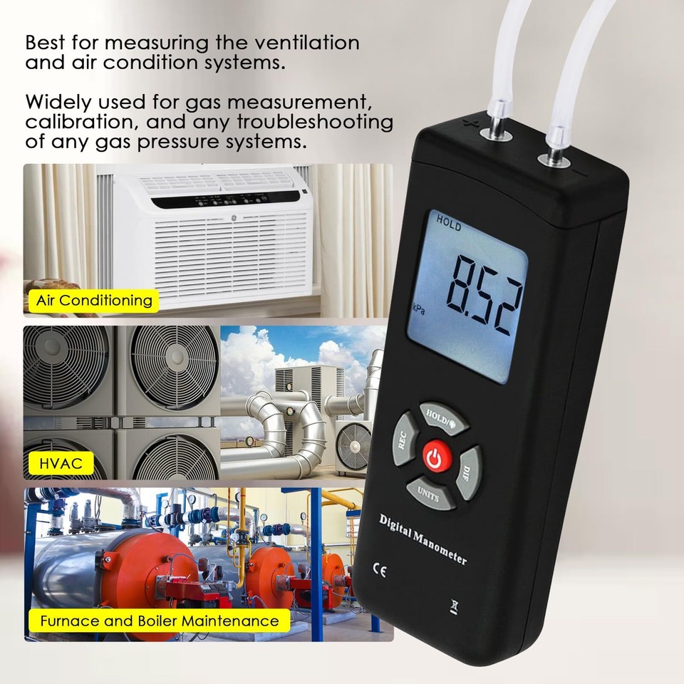 Manometer Handheld Air Pressure Meter Dual-Port Manometer HVAC Gas ...