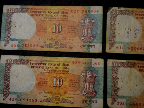 VINTAGE, PAIR (2) Of "INDIAN 10 RUPEE BILLs"), Circulated, circa 1980's ...