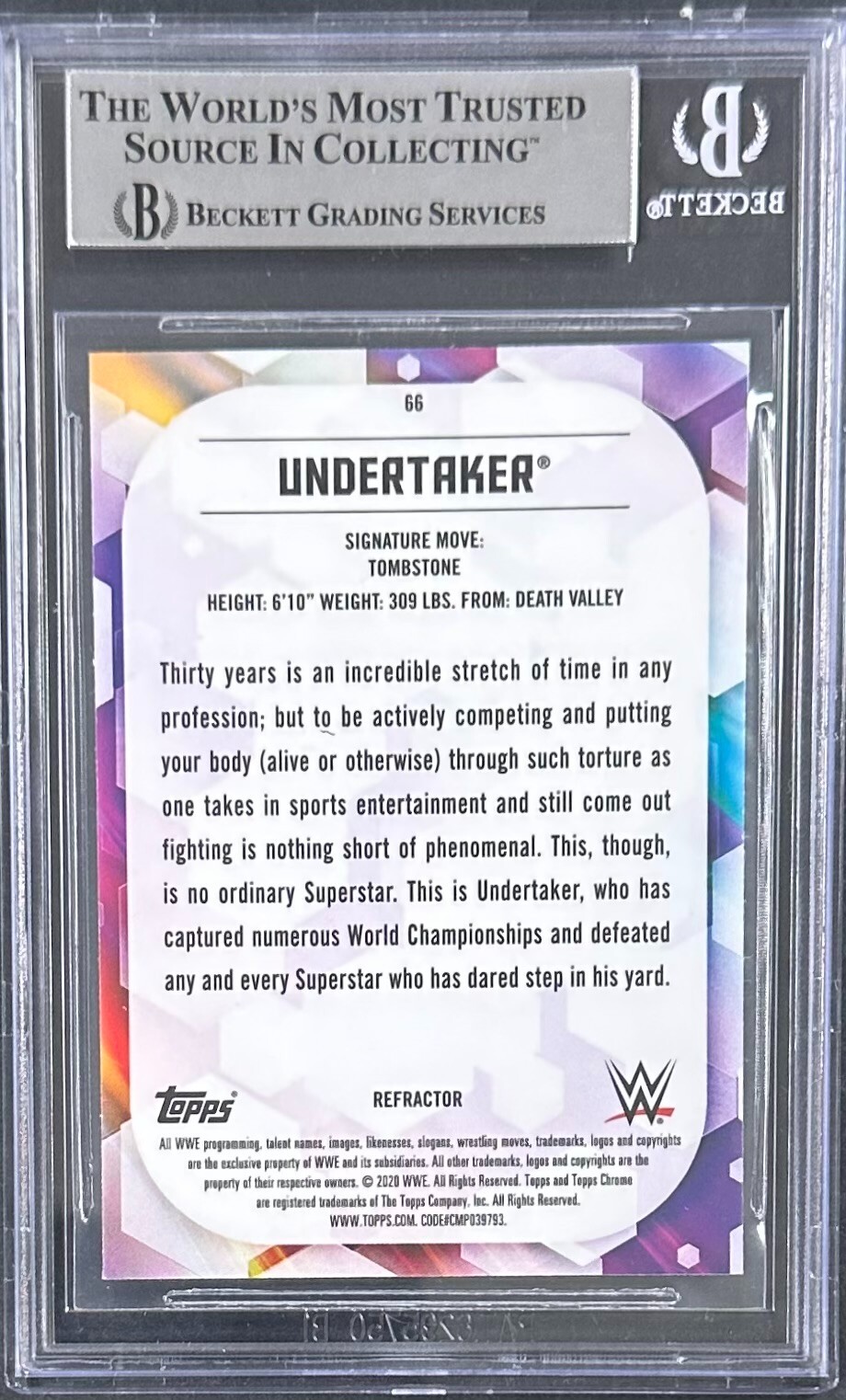 Undertaker Signed 2020 Topps Chrome WWE Card Refractor #66 Beckett Auth ...