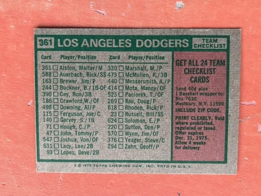 1975 TOPPS #361 DODGERS TEAM CARD nR/MINT SHIPS FREE IN NEW TOP LOADER ...