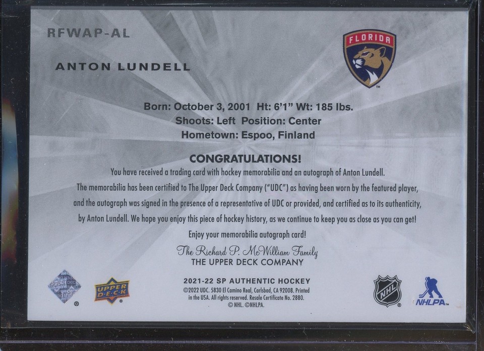 2021-22 SP Authentic Anton Lundell Retro Future Watch Auto Patch #01/99 ...