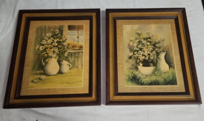 Pair Vintage Wood Framed Rusty Floral Prints Rustic Decor Pitcher ...