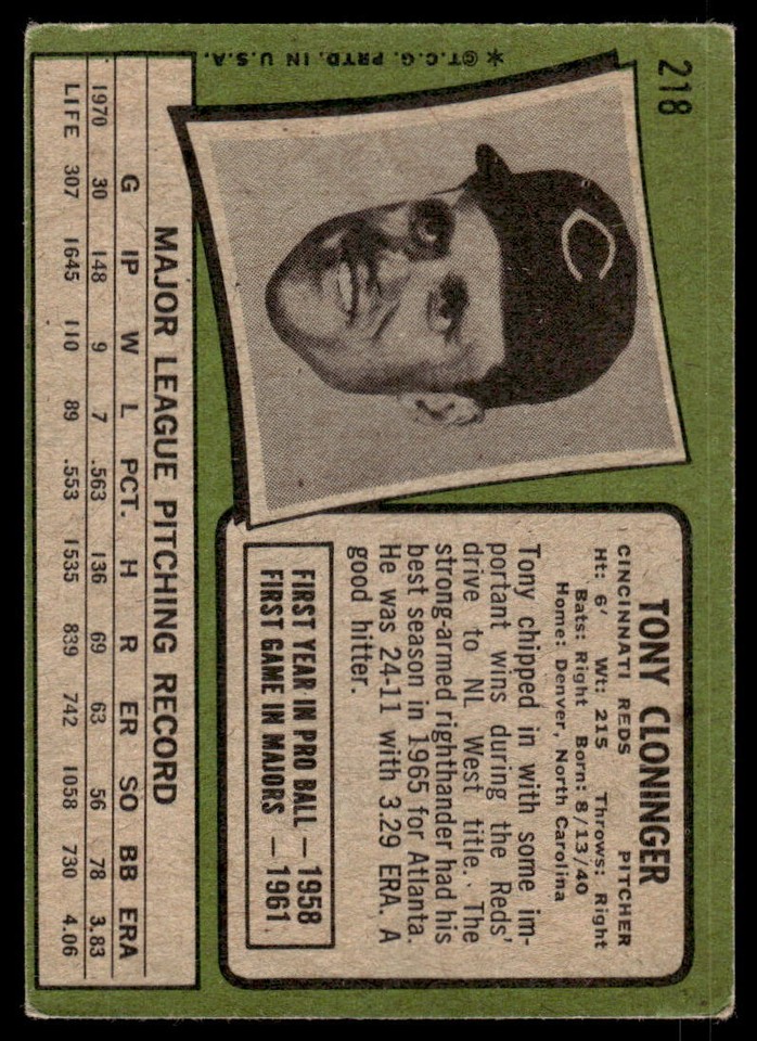 1971 Topps Tony Cloninger #218 Cincinnati Reds Baseball Card | eBay