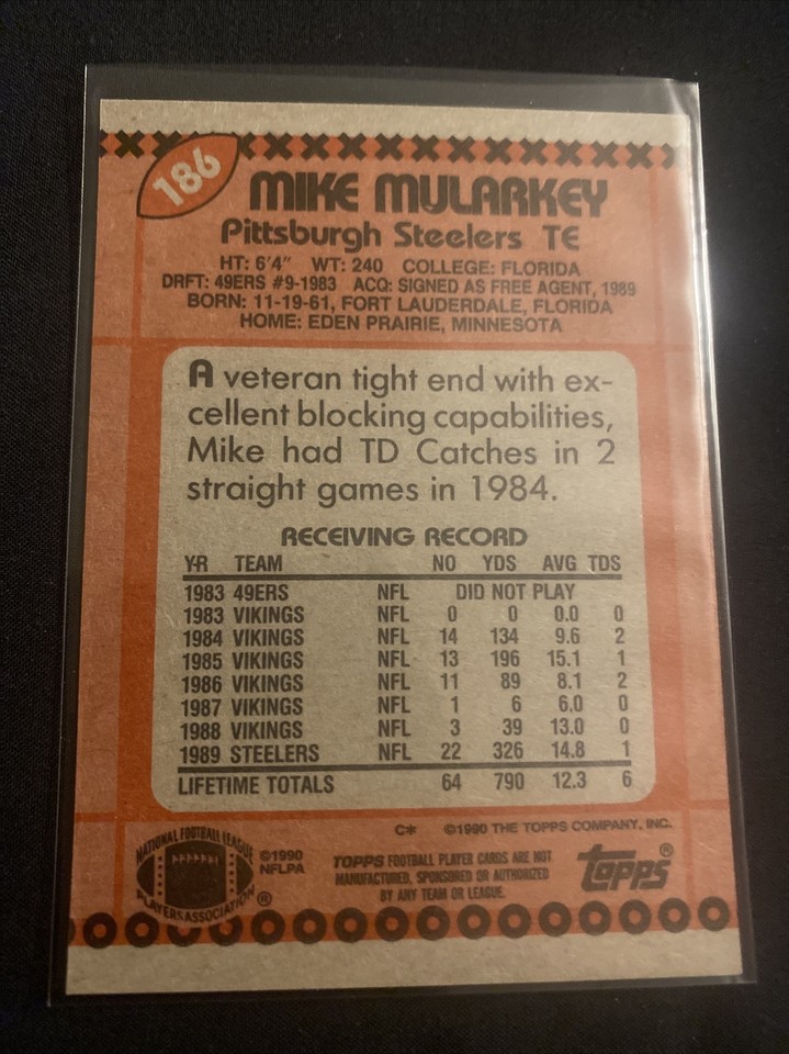 1990 Topps Tiffany Pittsburgh Steelers Football Card #186 Mike Mularkey ...