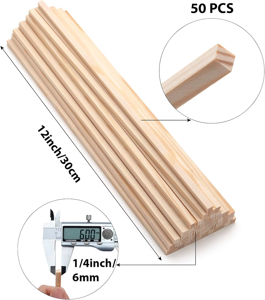 50PCS 1/4" X 12" Square Wooden Dowel Rods, Small Wood Square Dowel Rods ...