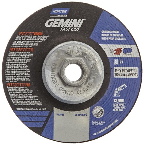 Norton 43585, Gemini Grinding Wheel, T27, 4-1/2" Diameter x 1/4" Thick ...