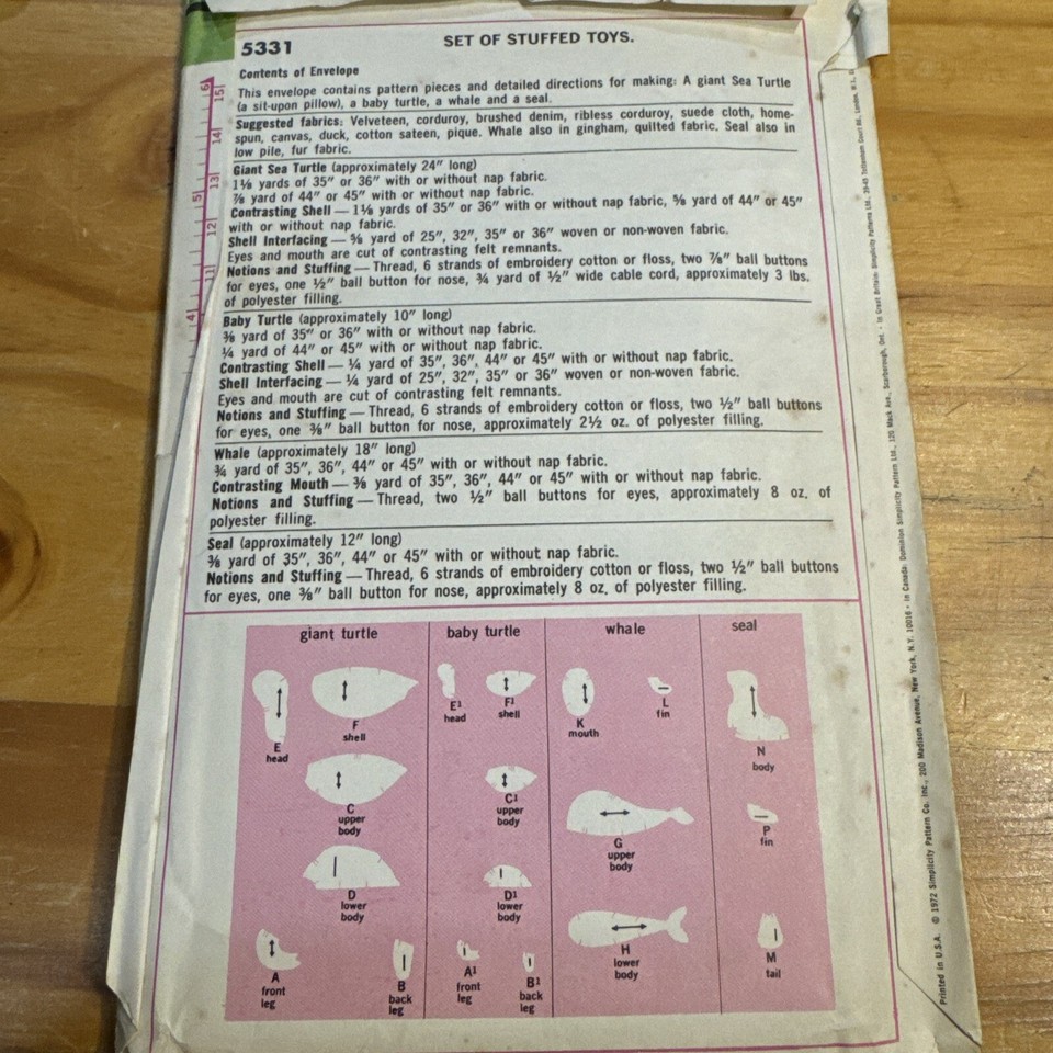 Simplicity 5331 HUGE 3 Stuffed Animals Seal Turtle Whale Sewing Pattern ...