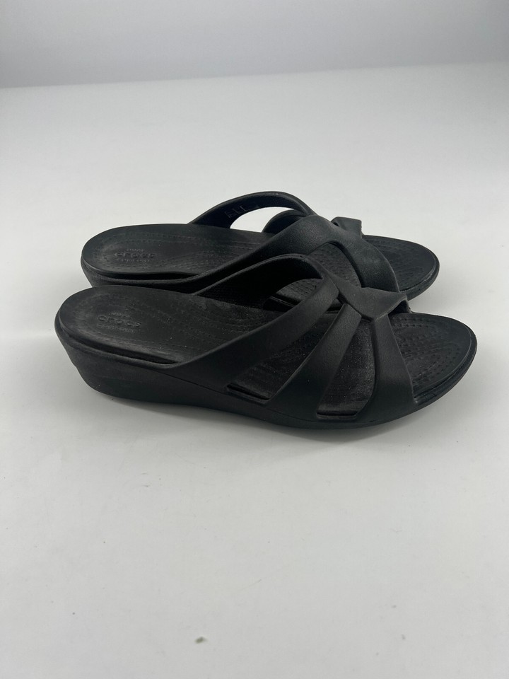 Crocs Sandals Womens Size 7 Black Slip On Flat Shoes Comfort Plain ...