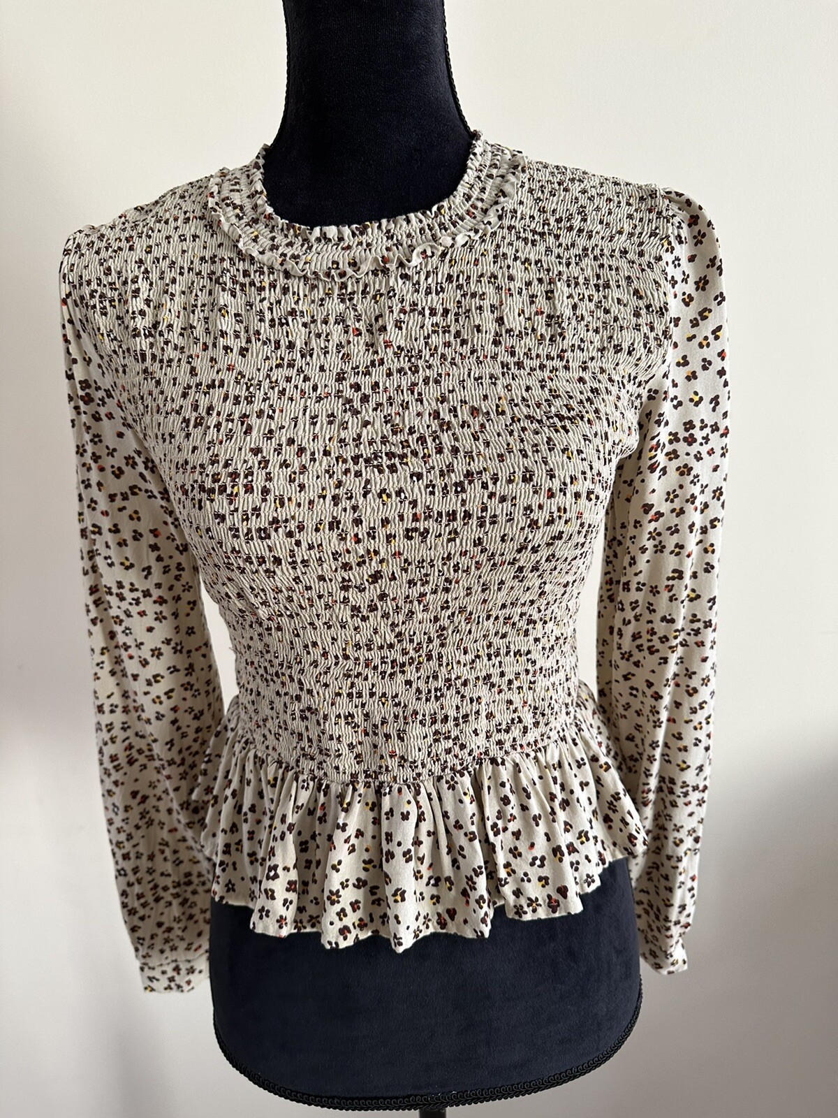 Patrons Of Peace Sz M Peplum Top Long Sleeve Beige Floral Patern | eBay