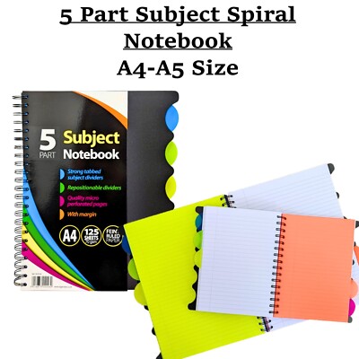 A4 / A5 Spiralbound Notebook 5 Part Subject Ruled Paper School Work ...